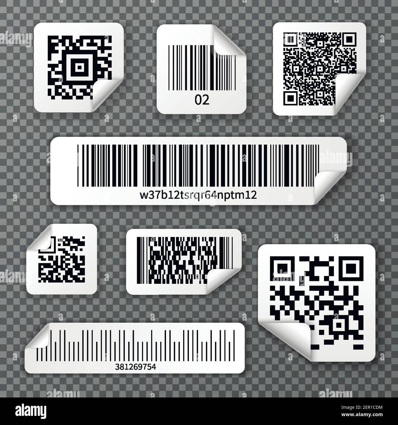 Set of stickers qr and linear bar codes with bent corner on transparent ...