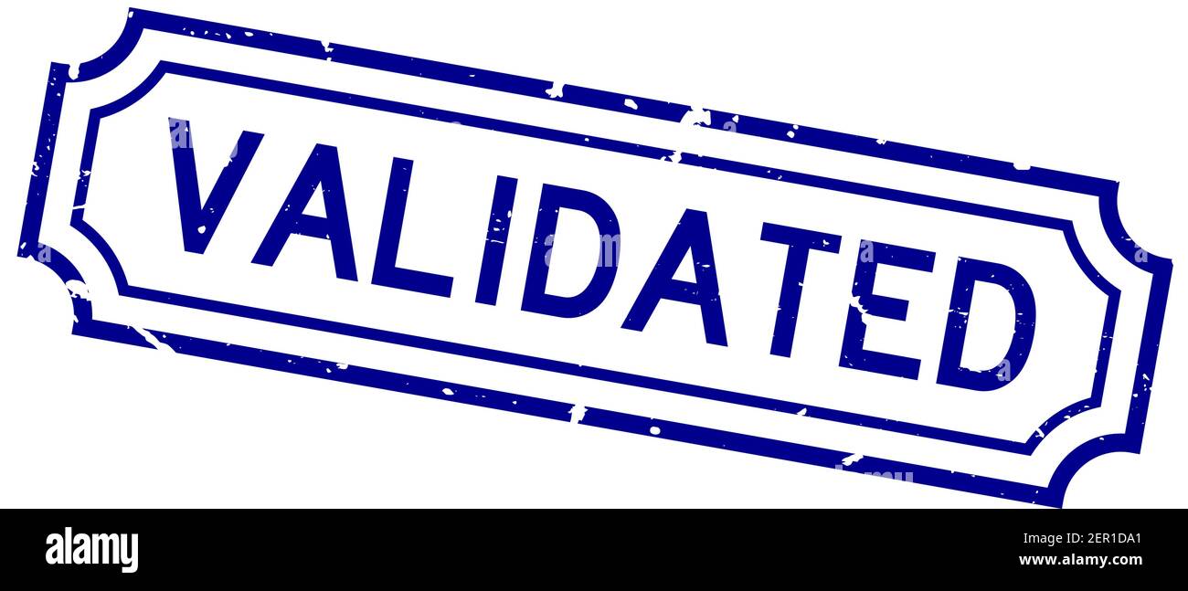 Grunge blue validated word rubber business seal stamp on white ...
