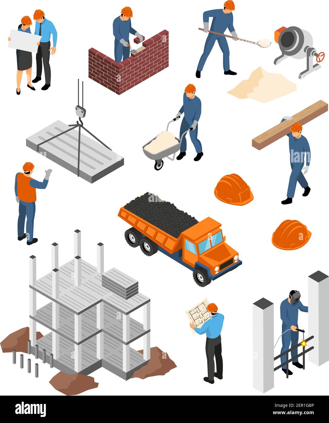 Set of isometric icons architects with blueprints and builders at work ...