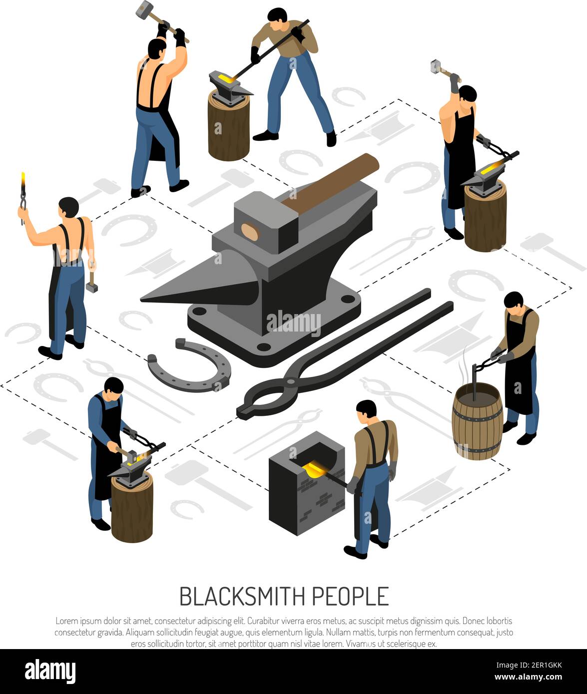 Blacksmith in apron with professional tools and equipment during work set of isometric icons ...