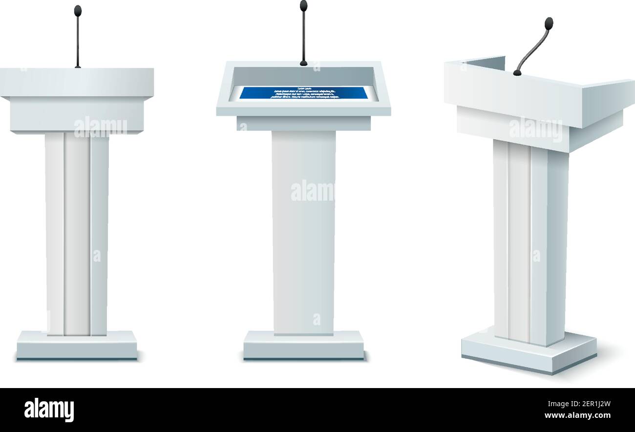 Three white realistic tribunes icon set from different sides isolated ...