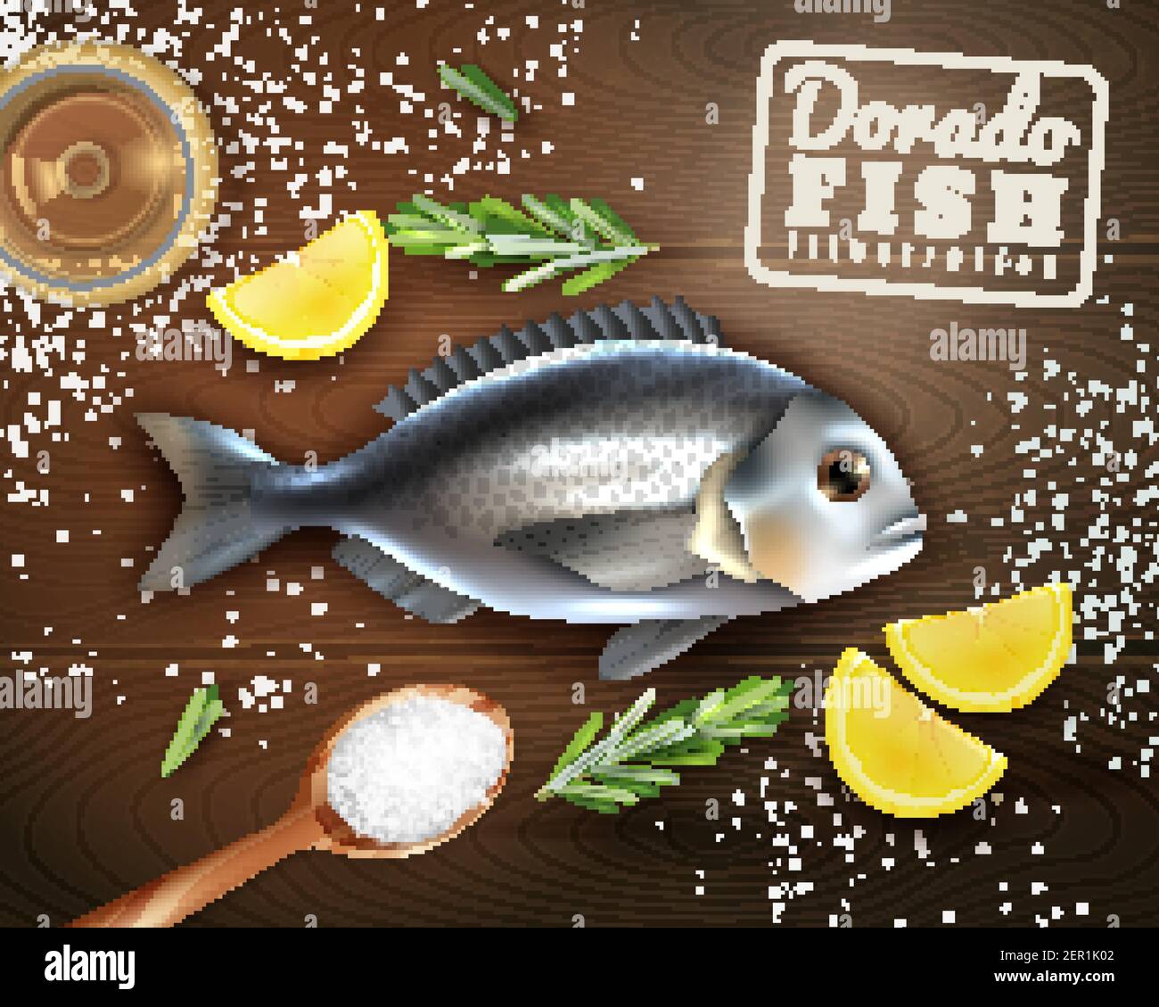 Cooking of dorado fish with spices, lemon and salt on wooden texture ...