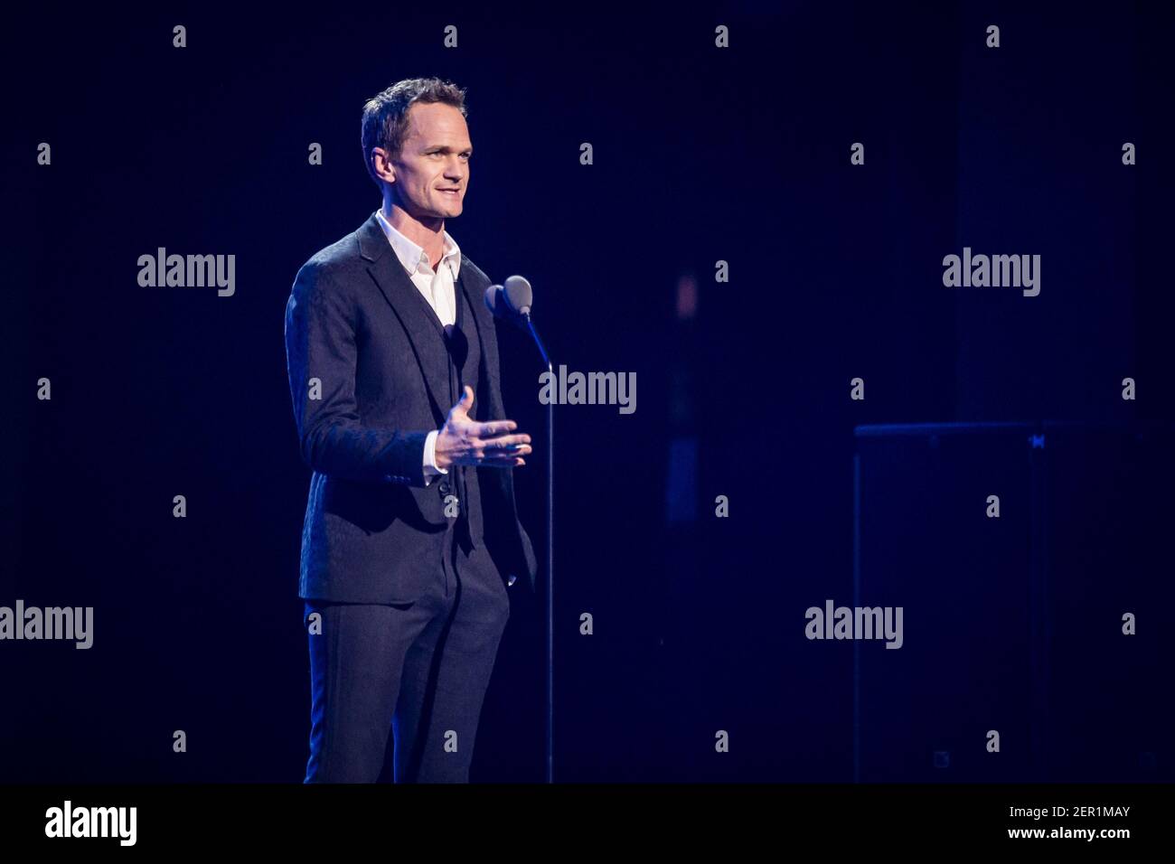 Actor Neil Patrick Harris speaks onstage during 60th Annual GRAMMY ...