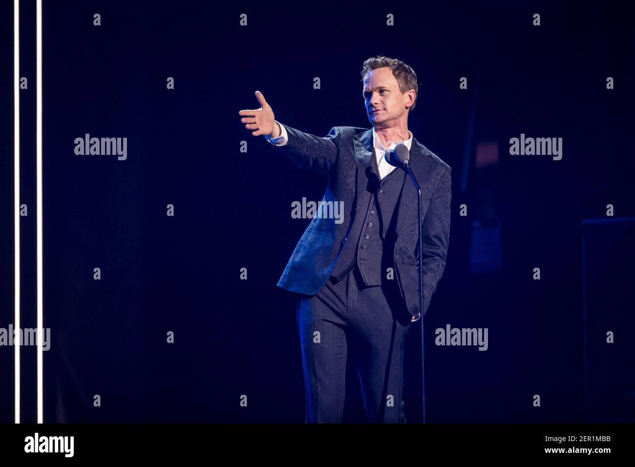 Actor Neil Patrick Harris speaks onstage during 60th Annual GRAMMY ...
