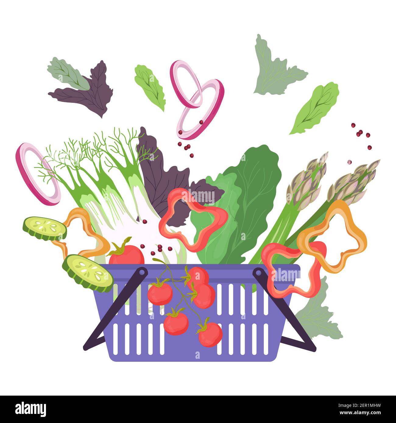 Shopping supermarket basket with vegetables, flat vector illustration ...