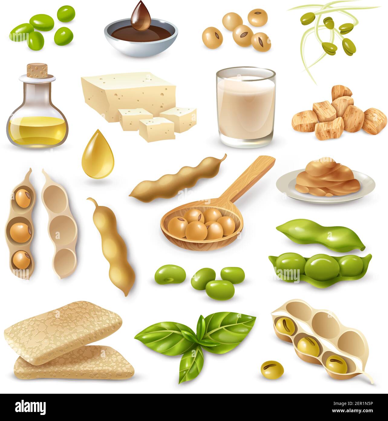 Set of soy food products with ripe beans and green leaves on white ...