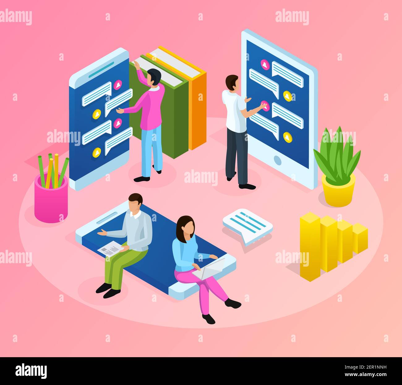 People and interfaces isometric composition with conceptual icons of touch screen gadgets books ...