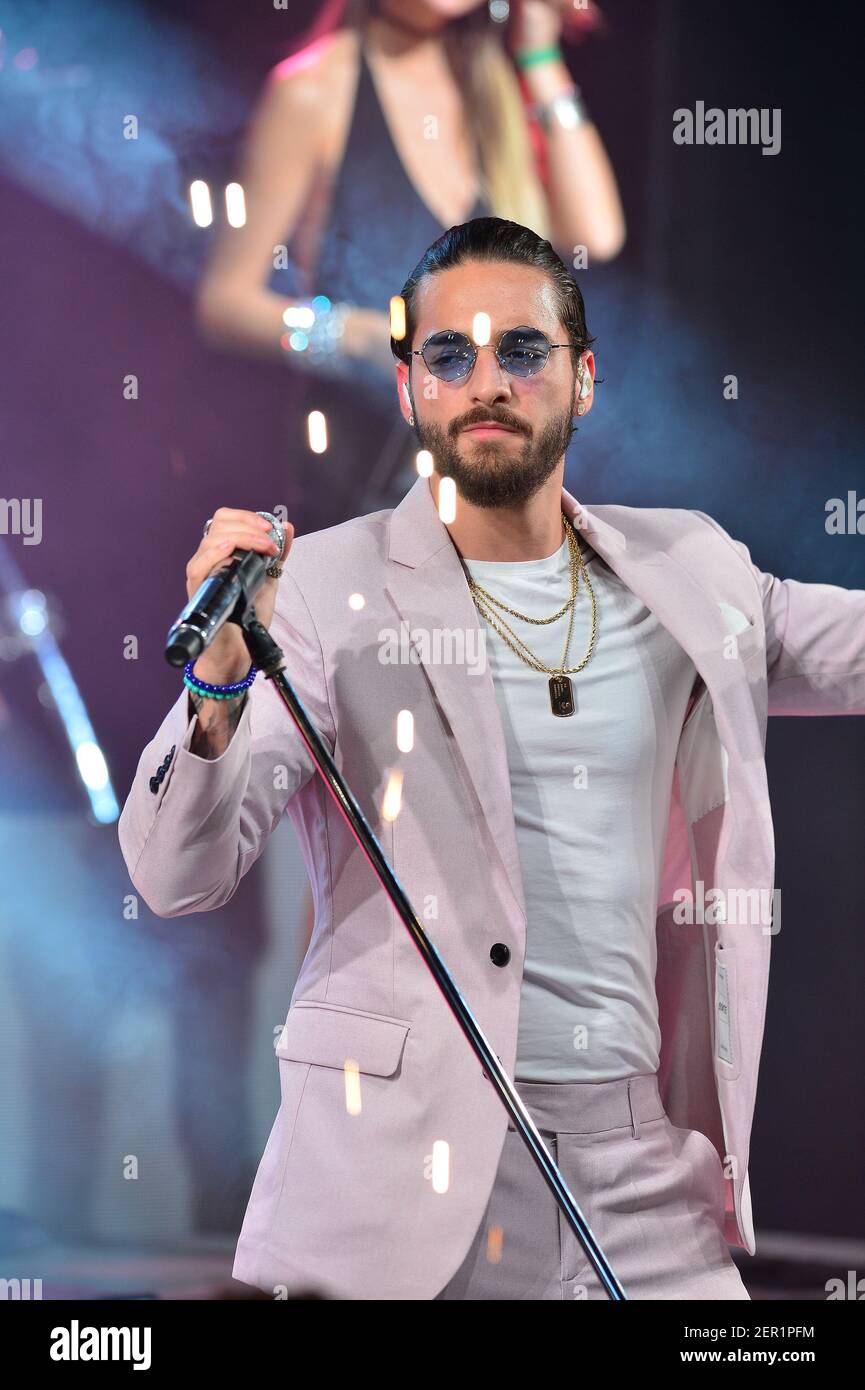 Maluma is seen during a performance and Q&A on stage during the ...