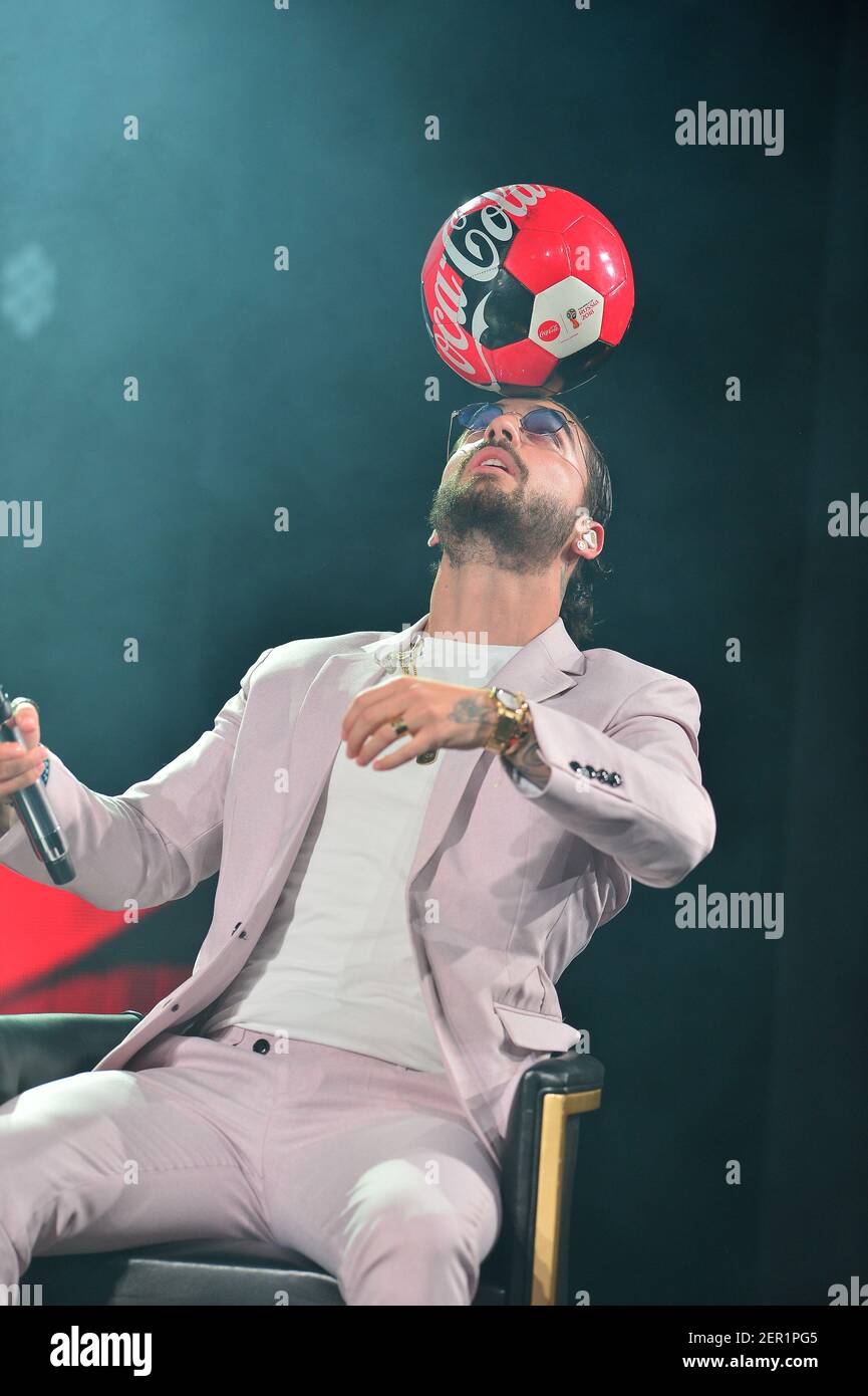 Maluma is seen during a performance and Q&A on stage during the ...