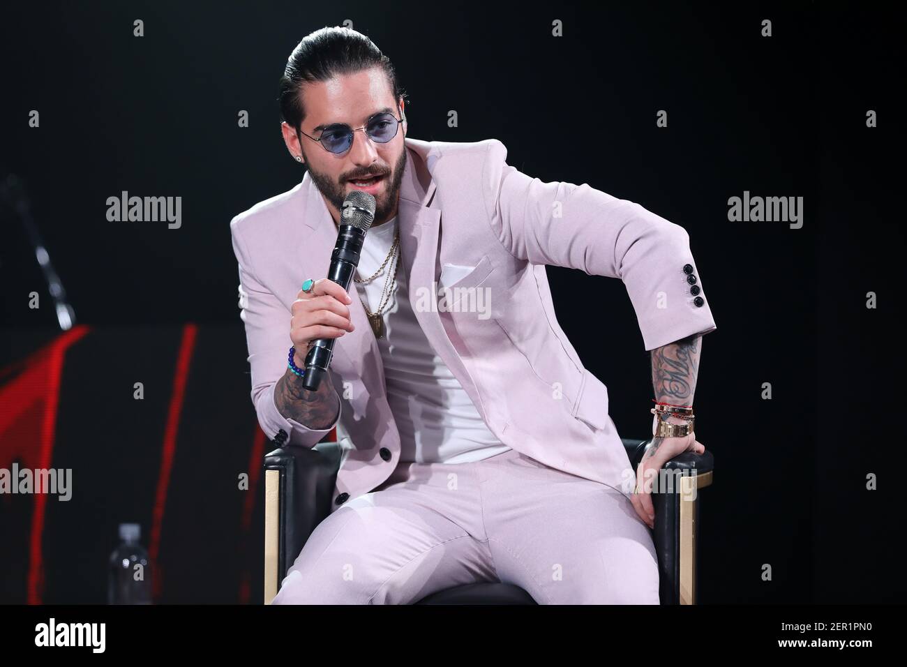 MIAMI BEACH, FL - MARCH 14: Maluma is seen on stage during the ...