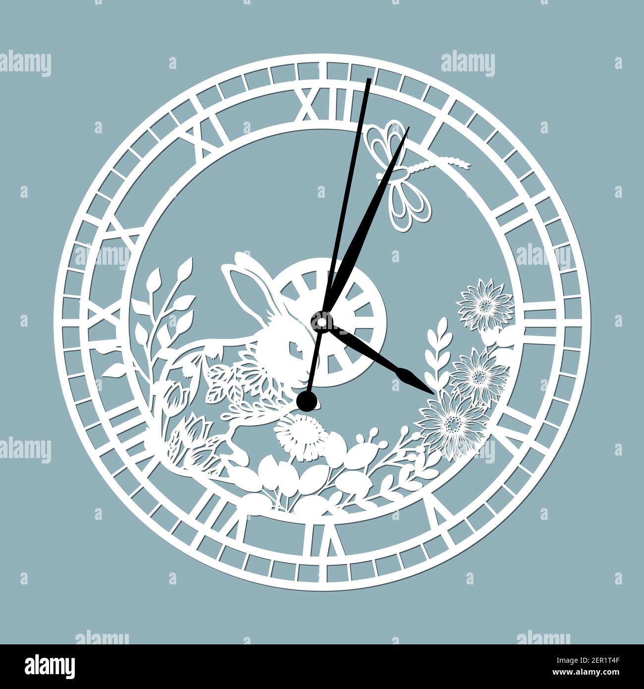 Simple clock face with roman numerals and a hare. Vector template for ...