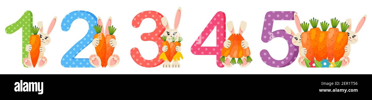 Learn to count from 1 to 5 with funny bunnies. Vector illustration ...