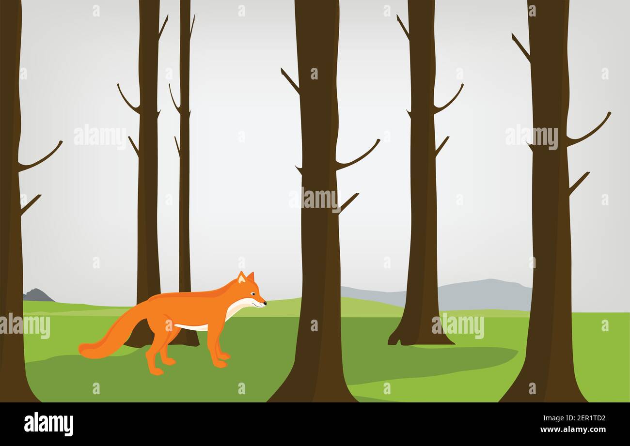 Vector illustration cloudy autumn forest landscape and red cute fox ...