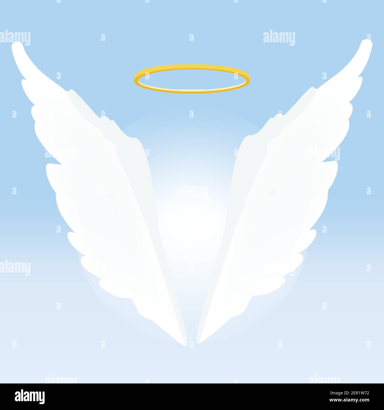 Vector illustration of angel wings and golden holy nimbus on light blue ...