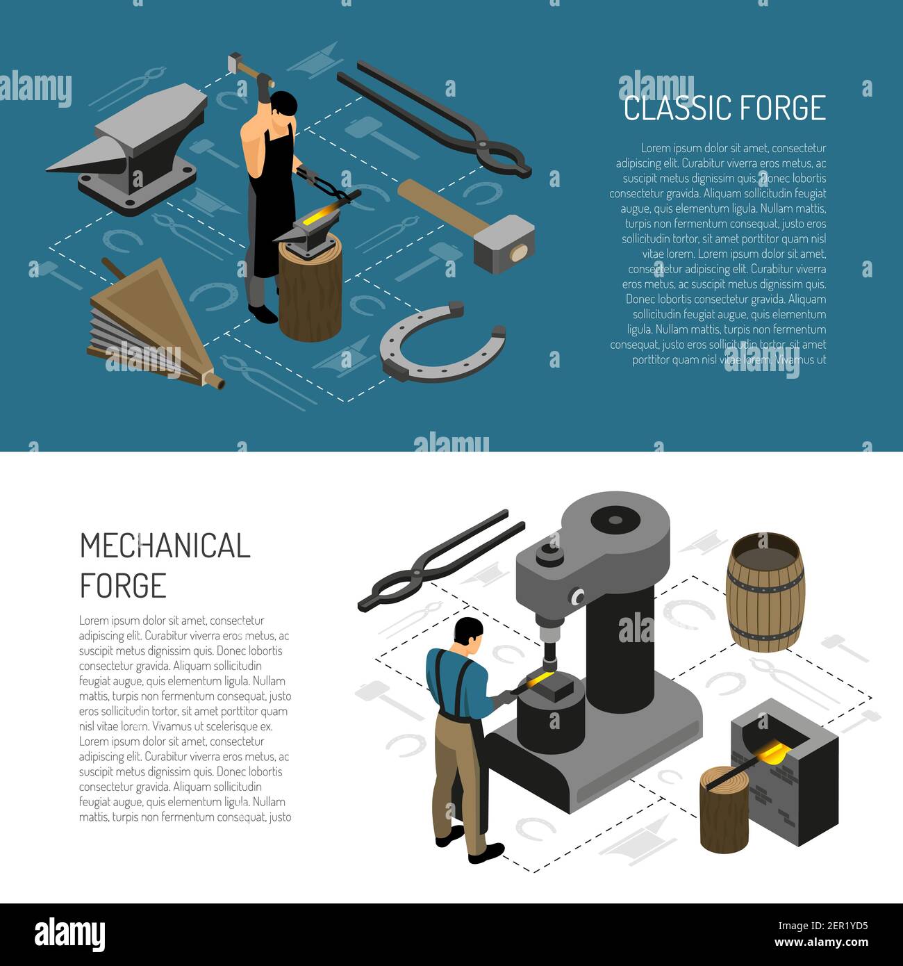 Blacksmith in classic and mechanical forge isometric horizontal banners ...