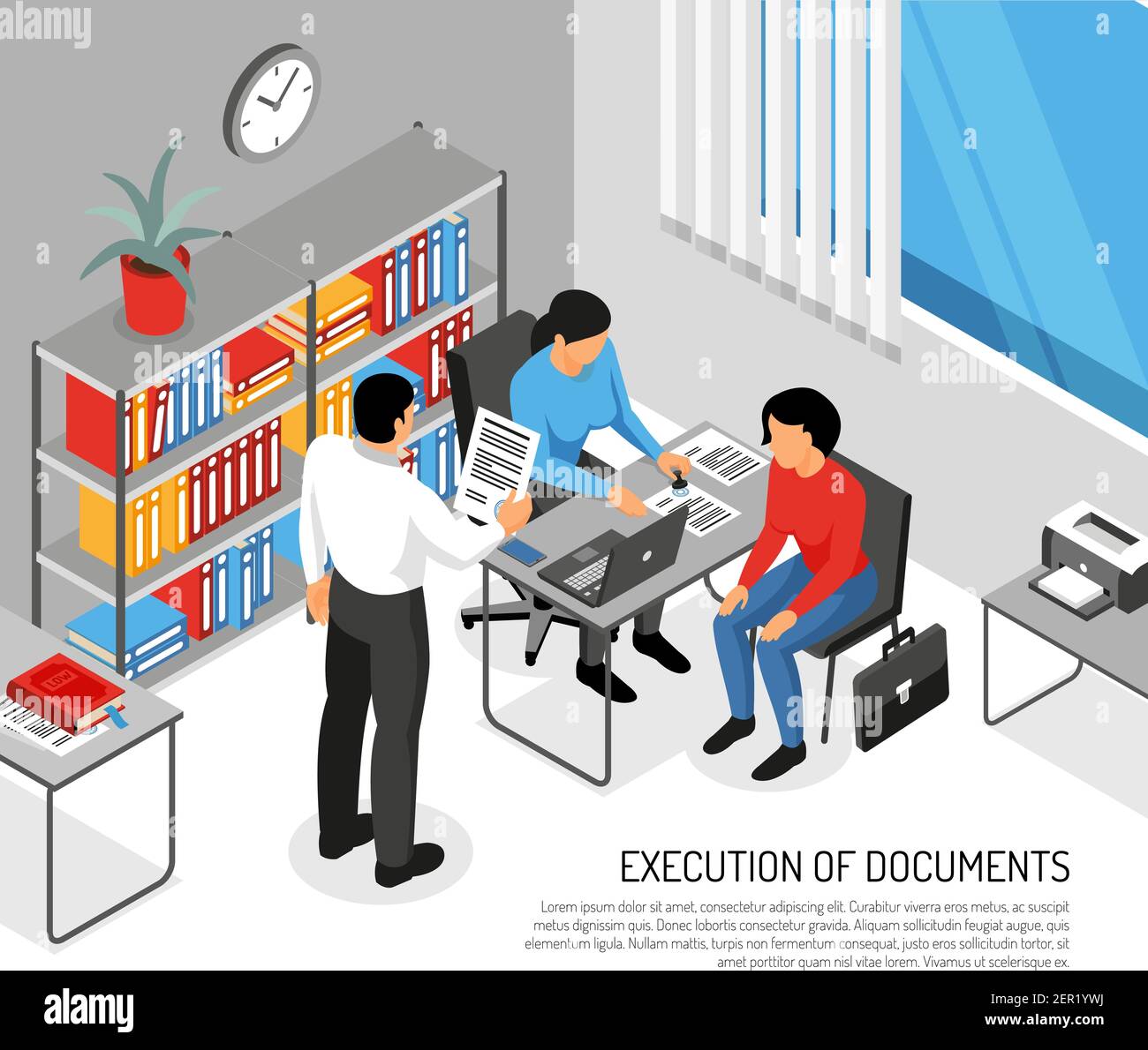 Notary and clients during execution of documents in office interior ...