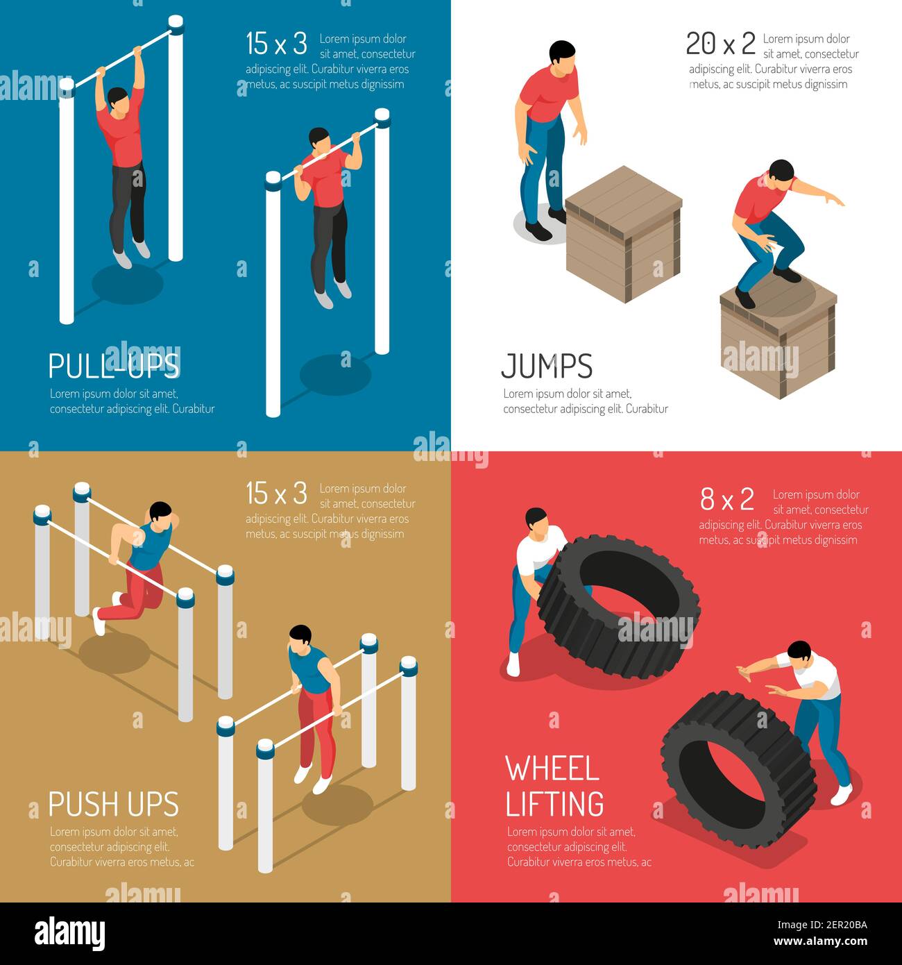 Workout at sports street equipment jumps and wheel lifting isometric ...