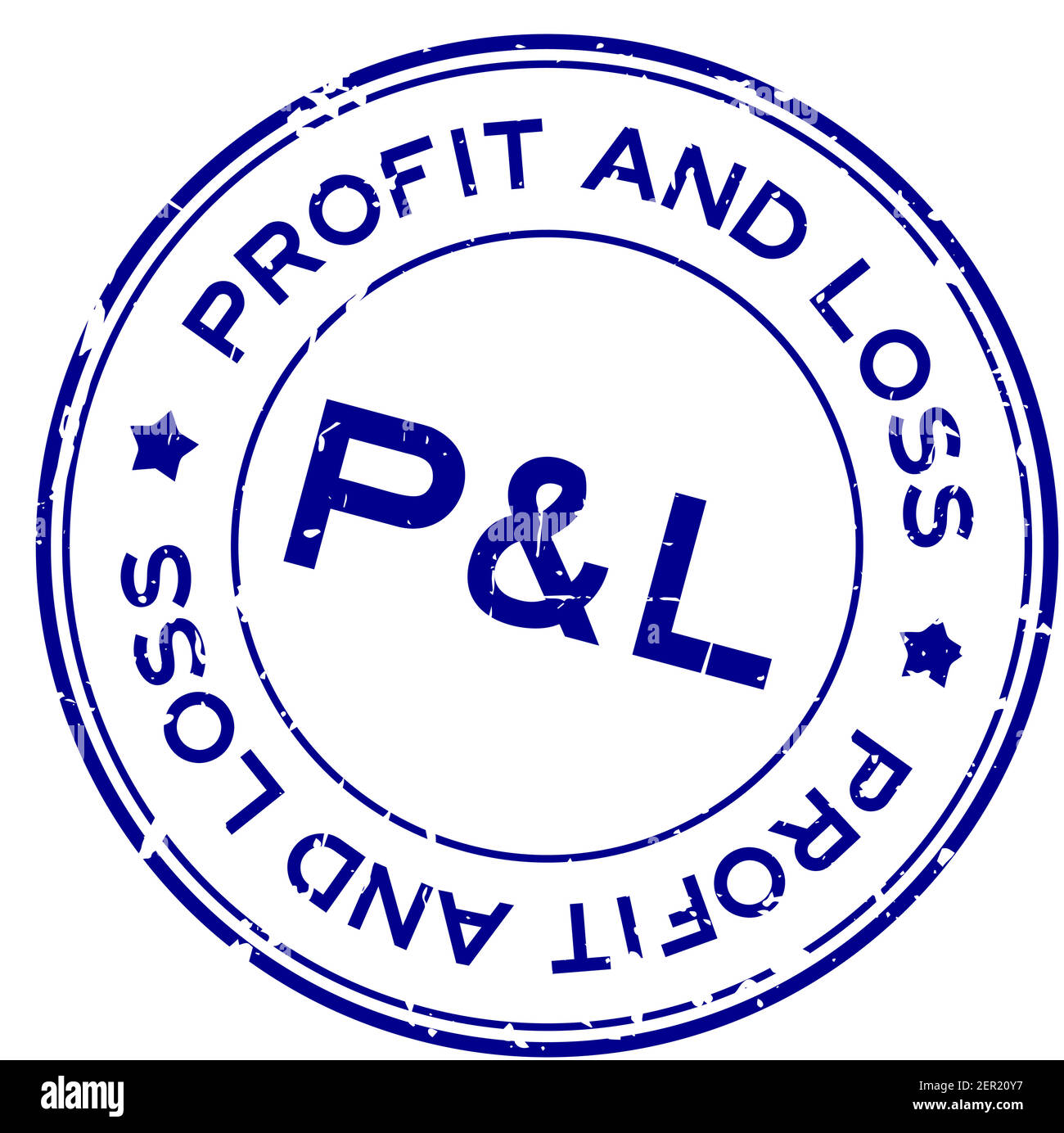 Grunge blue P&L (abbreviation of profit and loss) word round rubber ...