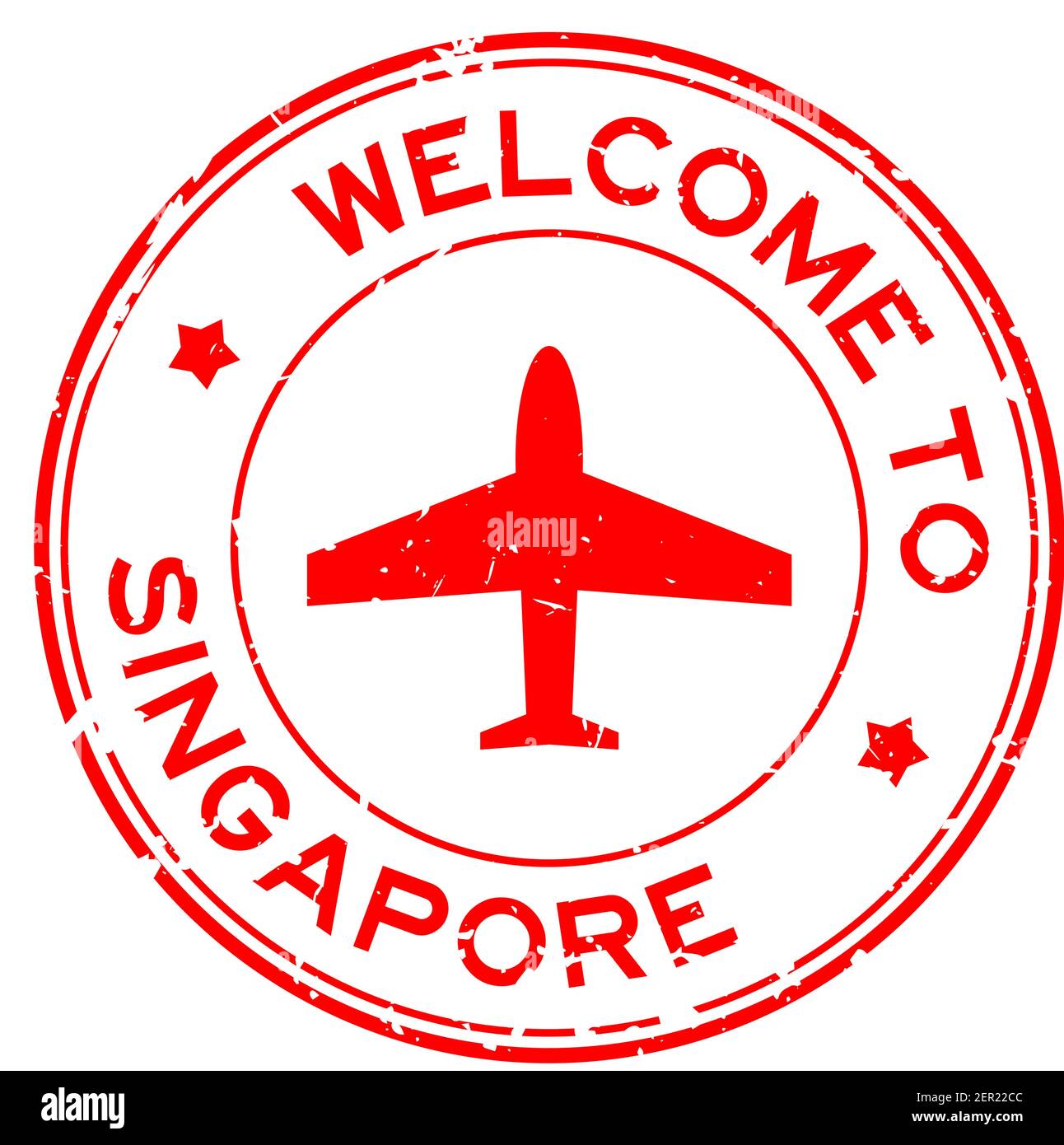 Grunge red welcome to Singapore word with airplane icon round rubber ...