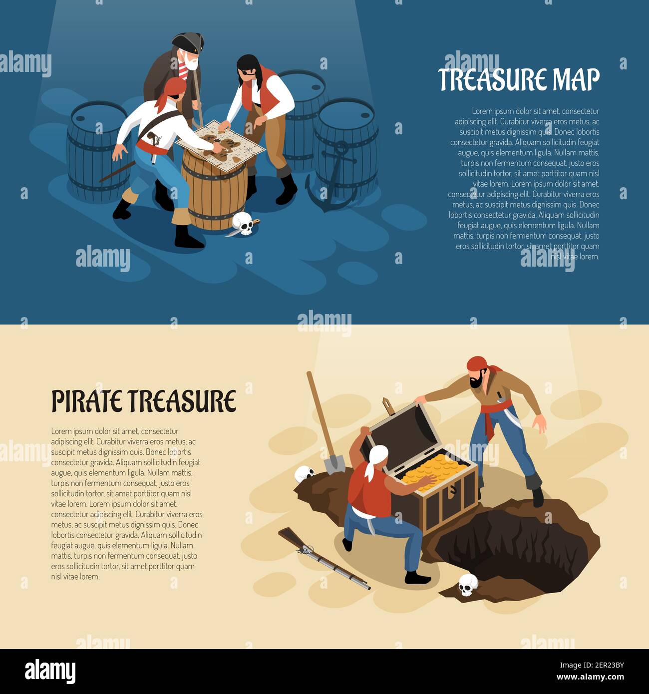 Pirates near treasure map and chest with gold isometric banners ...