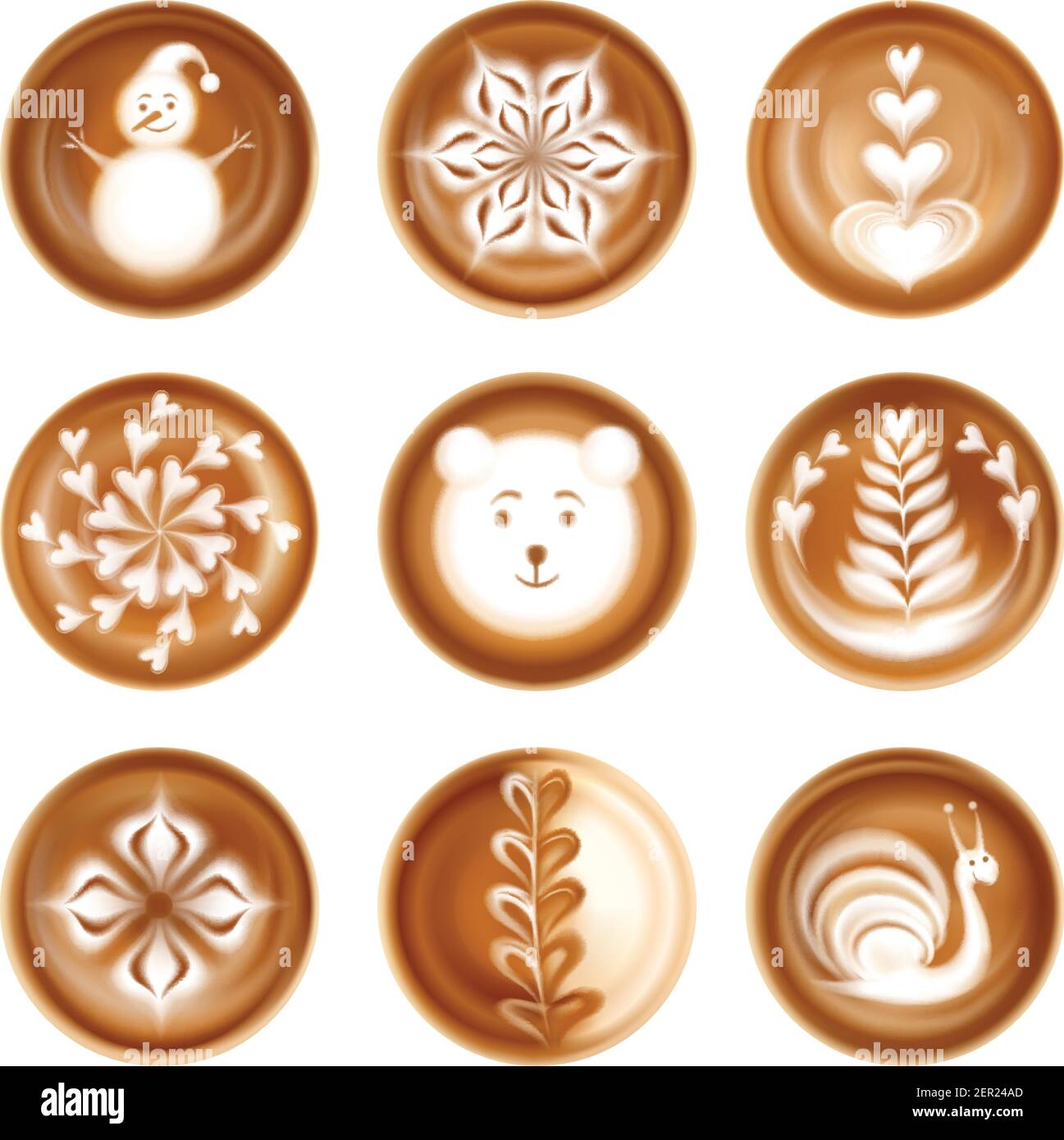 Set of realistic latte art images decorative compositions animals ...