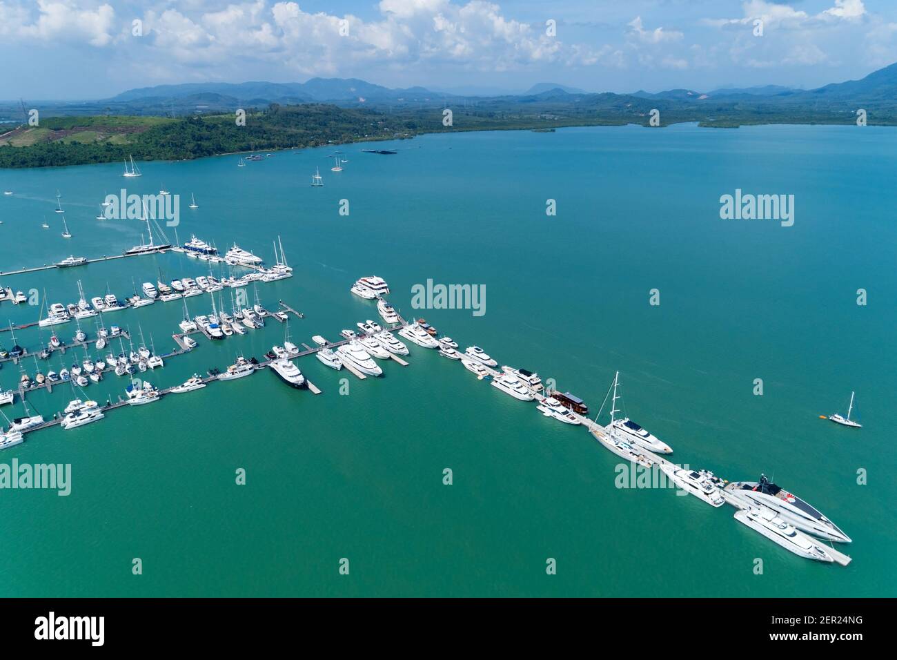 Aerial View Top down Drone shot of Yacht and sailboat parking in marina ...