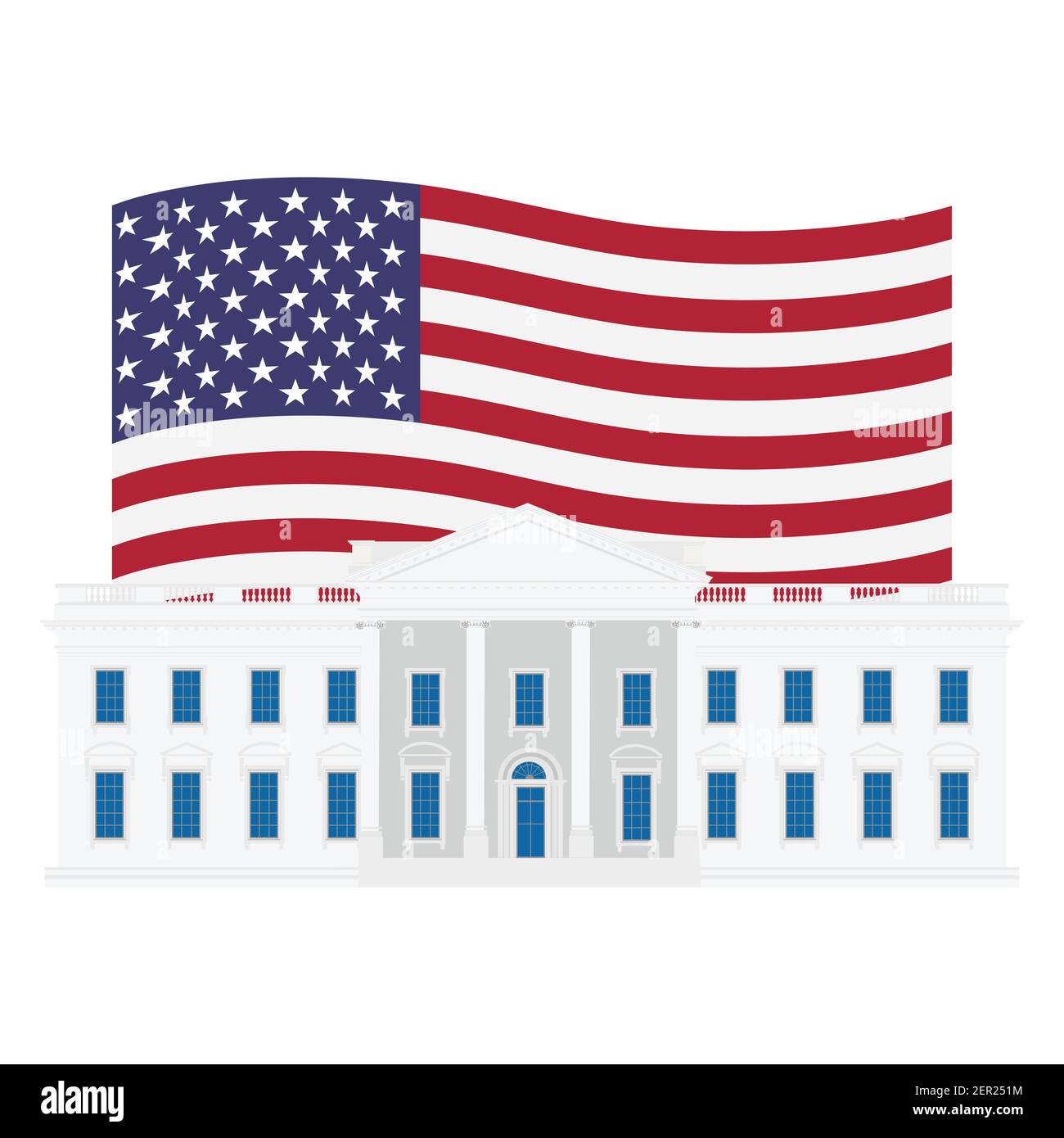 Vector illustration white house building in Washington. USA. Flag of ...