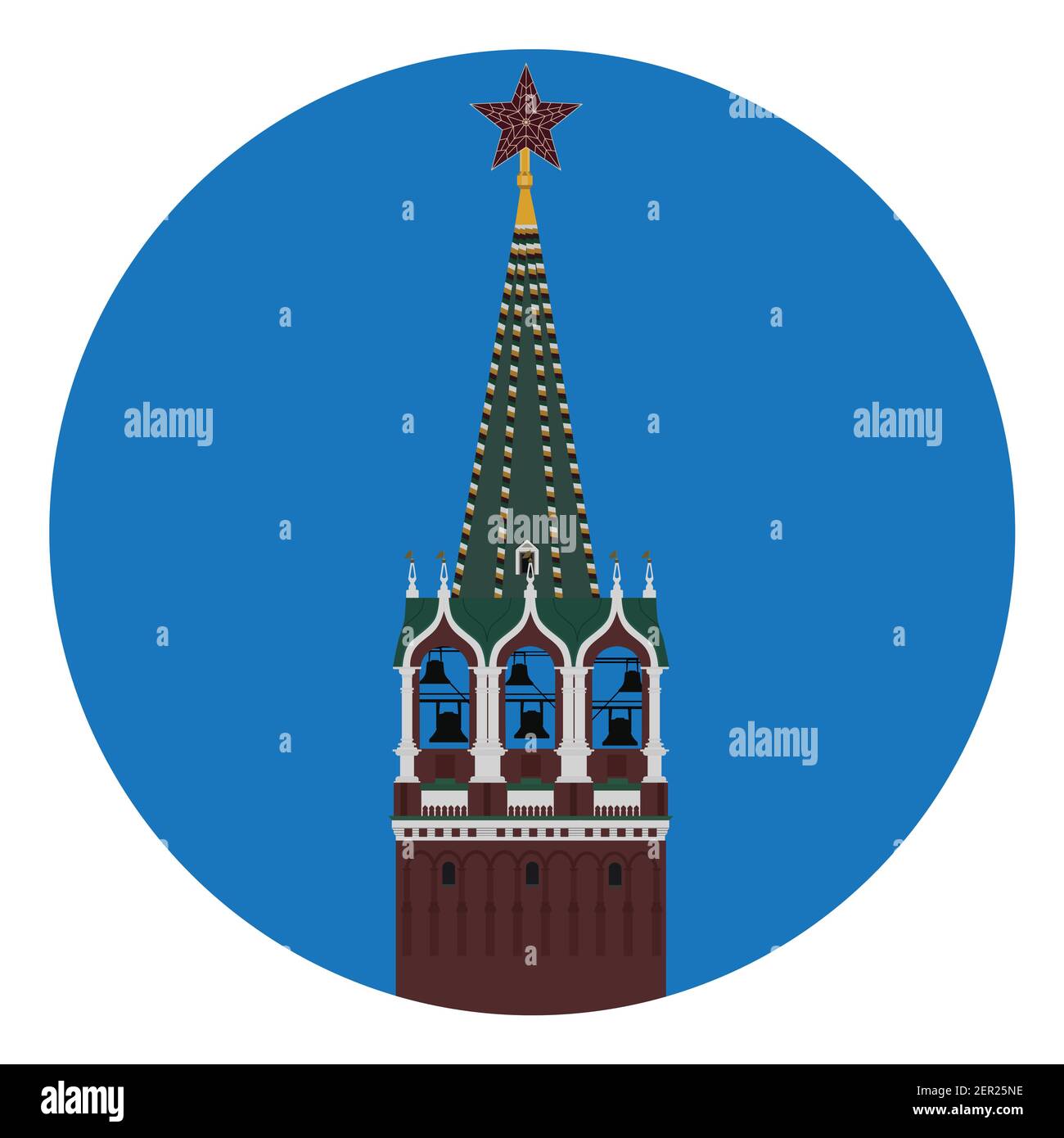 Vector illustration Spasskaya tower of Kremlin in Moscow. Kremlin tower with clock in Moscow ...