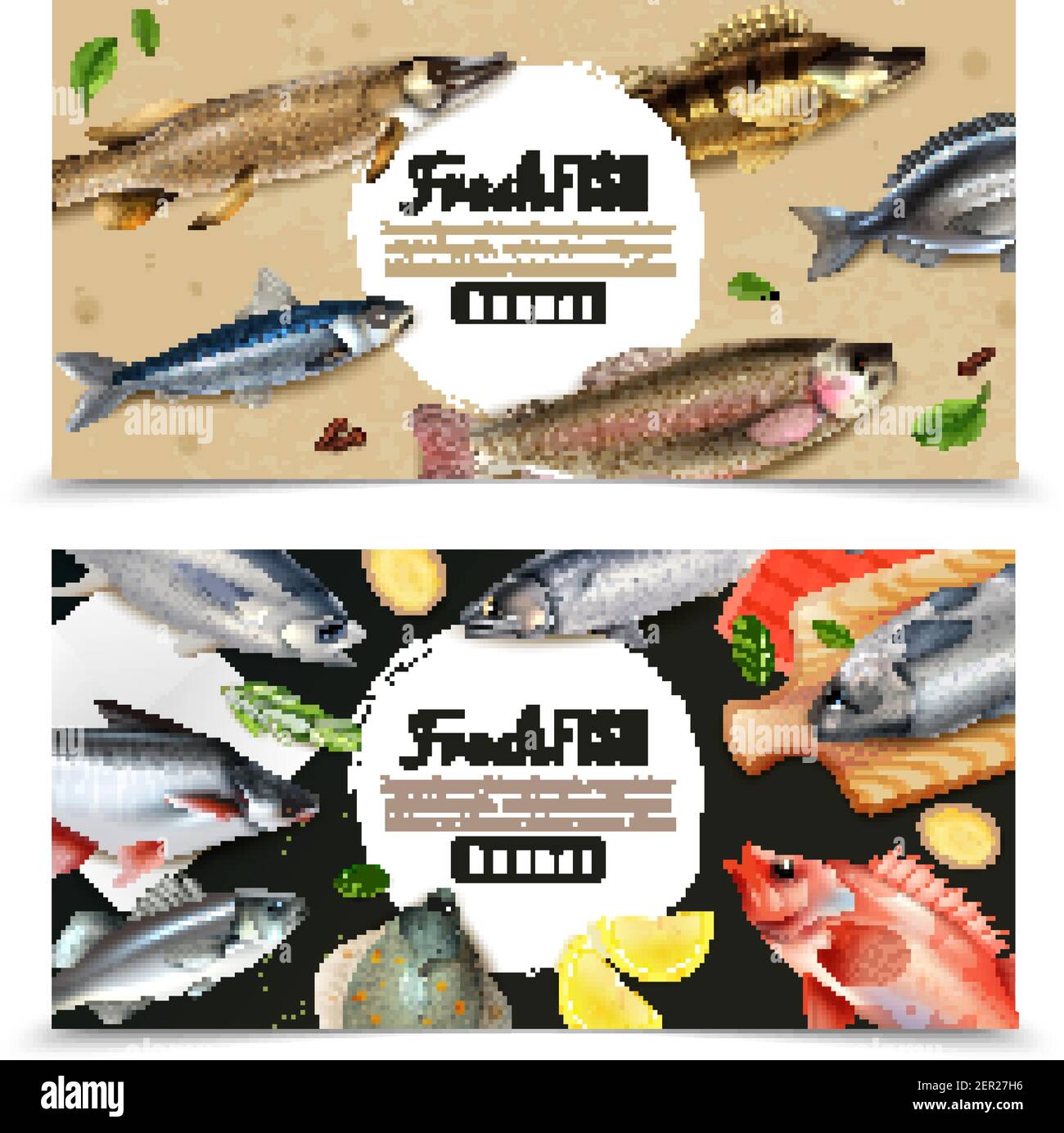 Saltwater and river fishes for cooking with spices set of horizontal ...