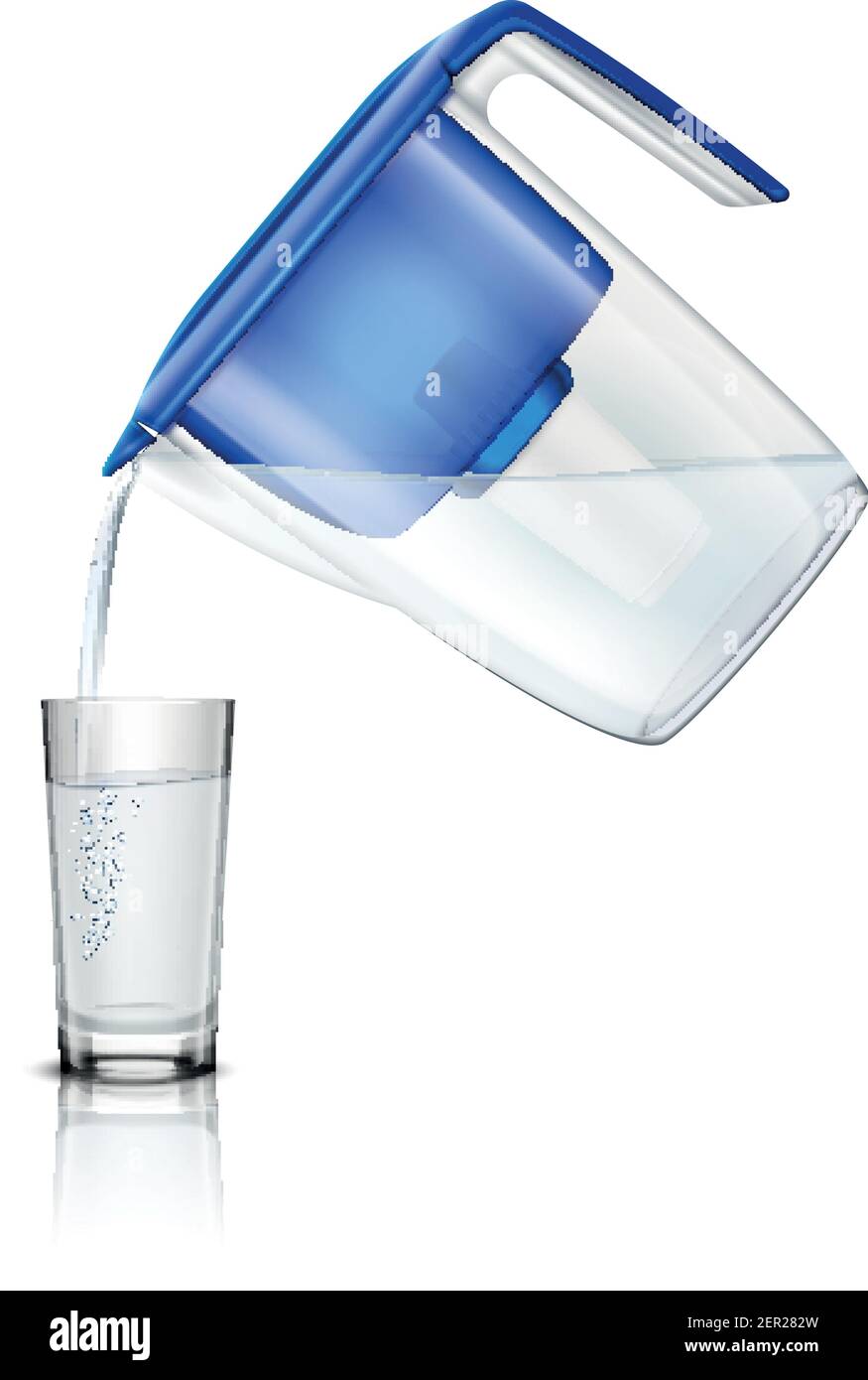 Pouring water in glass out household filter pitcher through carbon ...