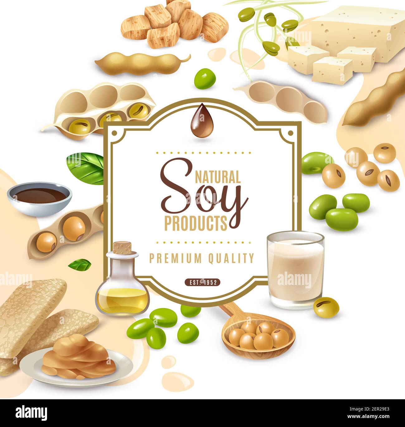 Decorative frame with soy food products on white beige background ...