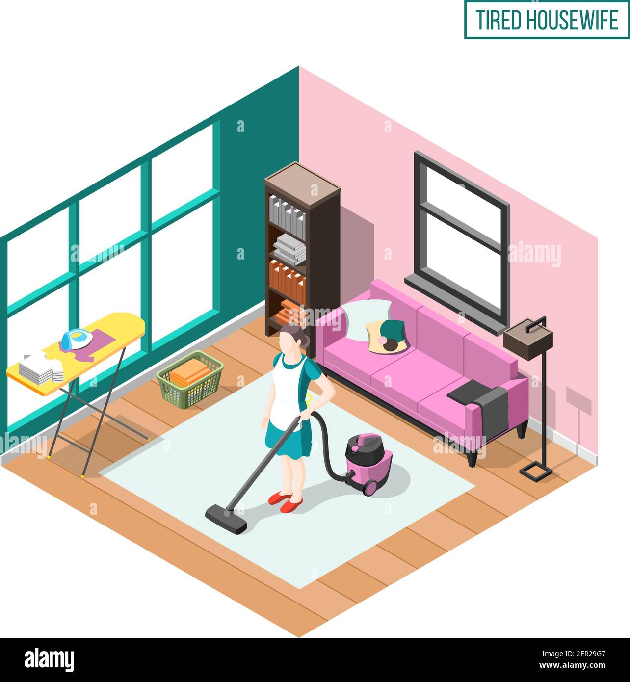 Tired Housewife Isometric Composition With Woman In Home Interior Busy
