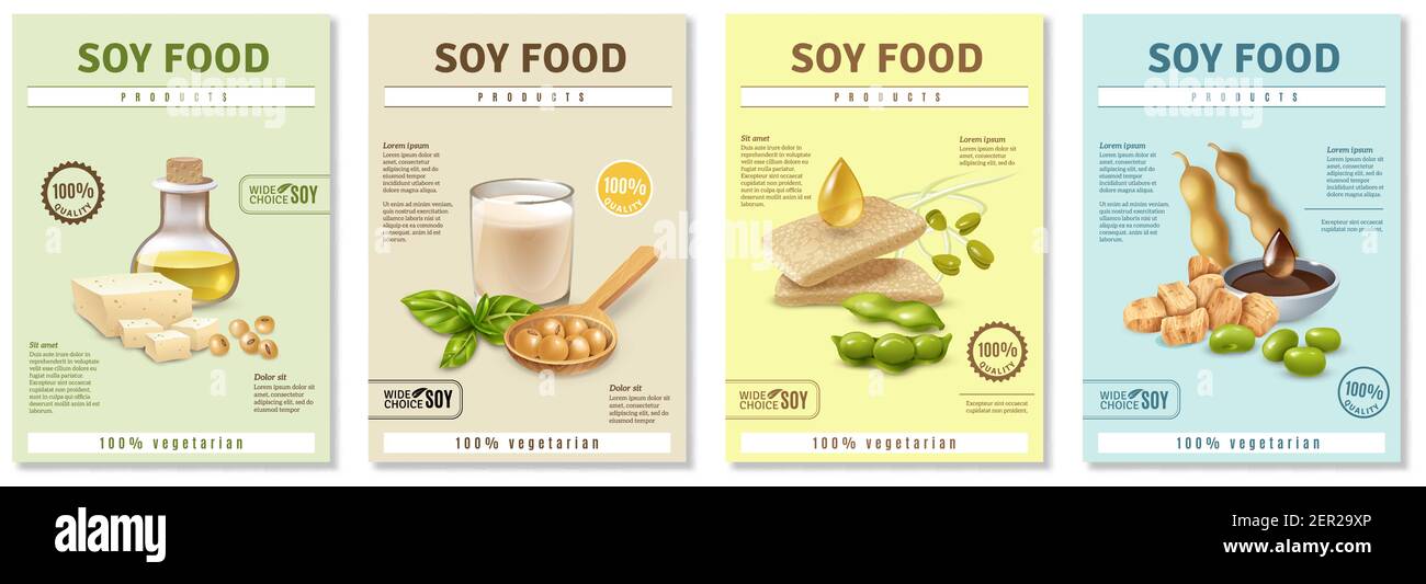 Set of vertical advertising posters with soy food products on colorful ...