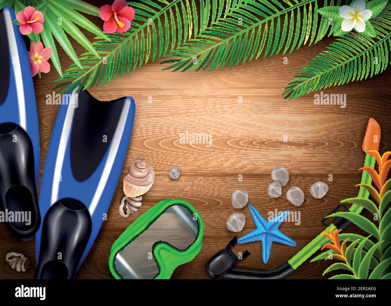 Diving accessories realistic background with snorkel mask flippers ...