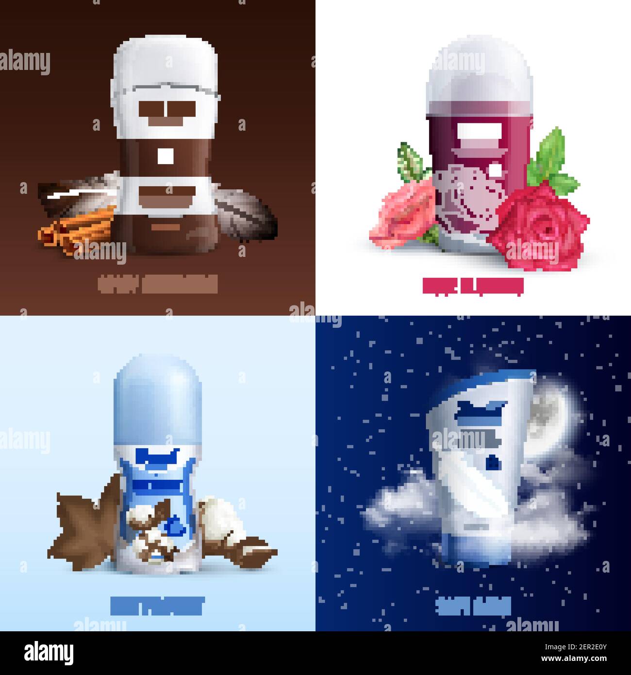 Deodorant bottles 2x2 design concept set of perfume with aroma of spicy ...