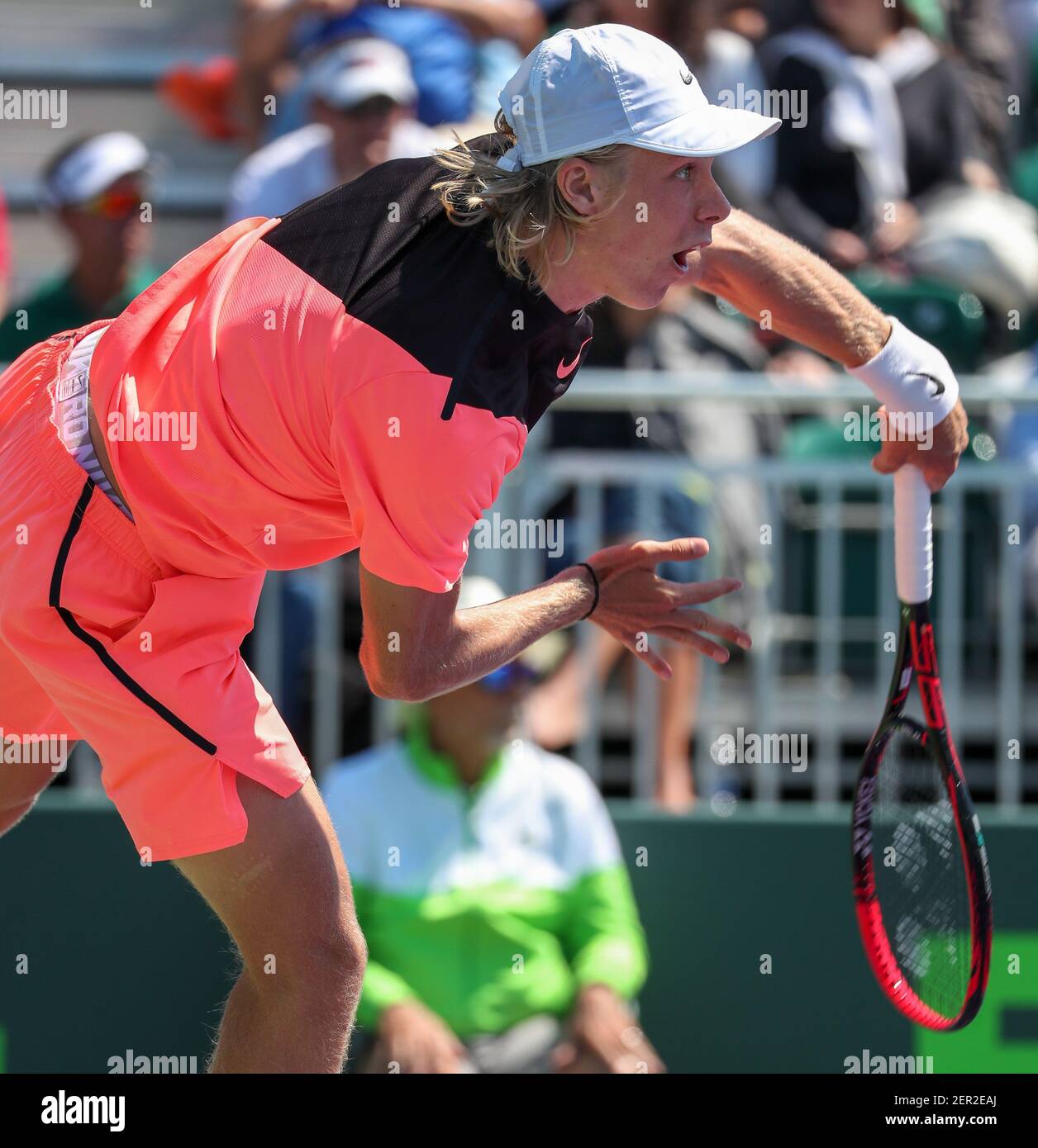 March 22, 2018: Denis Shapovalov from Canada serves against Viktor ...
