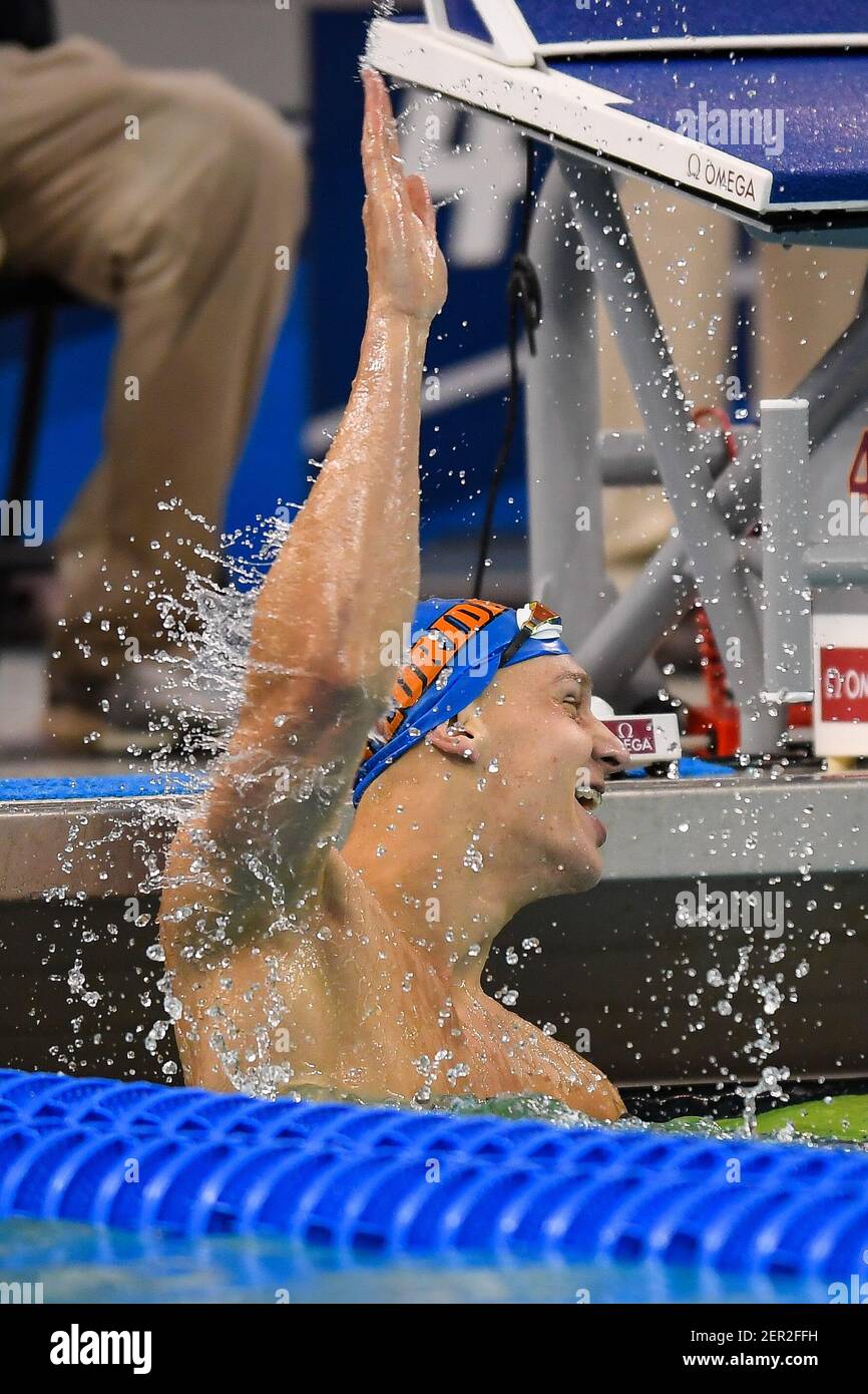 Florida's Caeleb Dressel celebrates his first-place finish in the men's ...