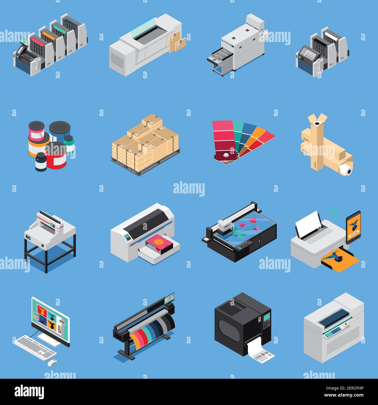 Printing house equipment production isometric icons set with digital ...