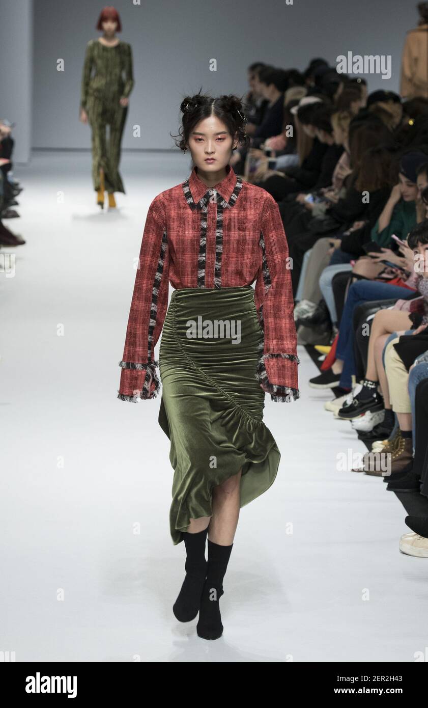 A model walks on the cat walk during a 2018 F/W Hera Seoul Fashion Week designer by designer Kye ...