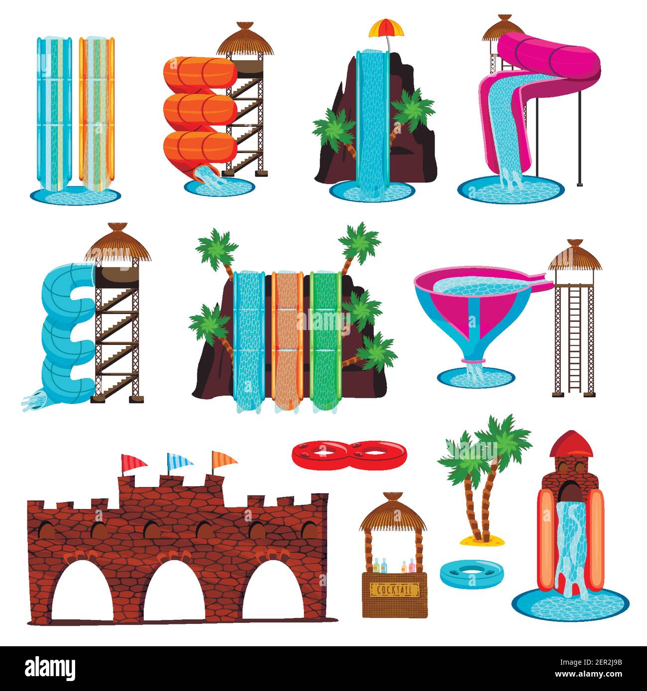 Set of flat icons with colorful water slides and entertaining ...