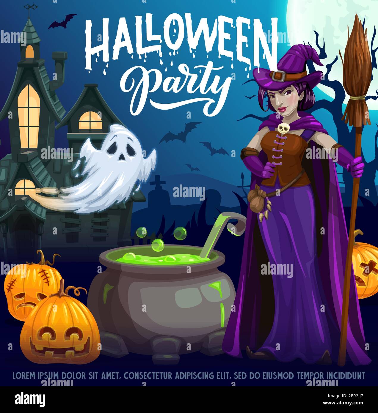 Halloween party cartoon vector poster. Witch in purple dress holding ...