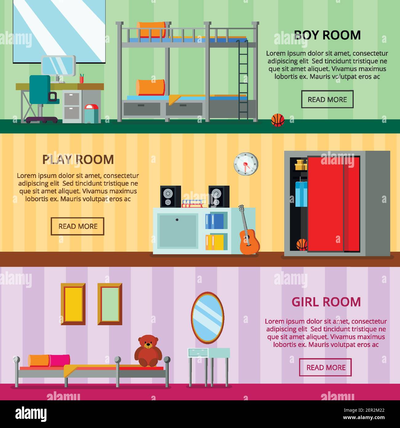 Teen room for girl and for boy playing space set of flat horizontal ...