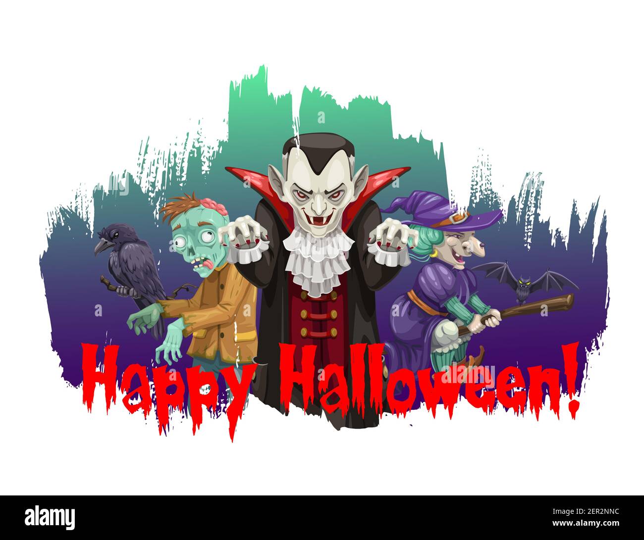 Happy Halloween vector scary characters of witch on broom, vampire ...