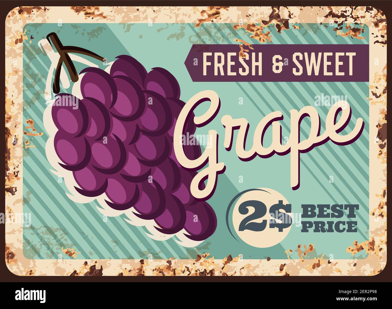 Grape rusty metal plate, fruits farm market food price poster, vector ...