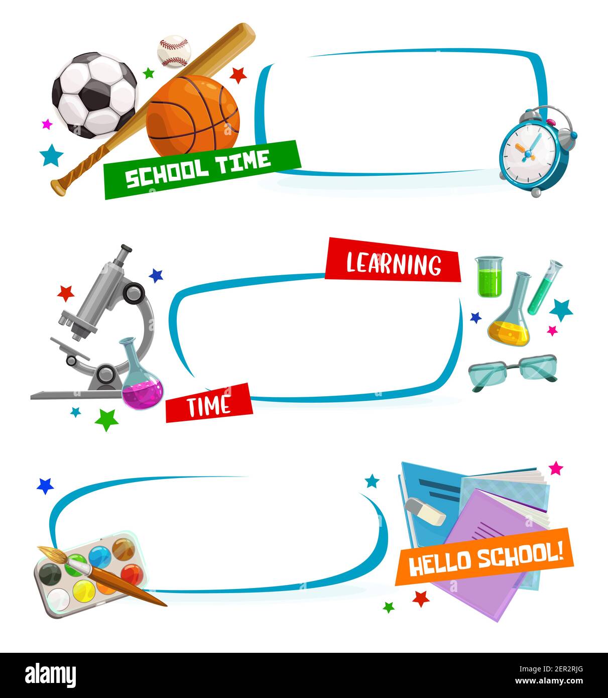 Education vector banners with school supplies and student stationery ...