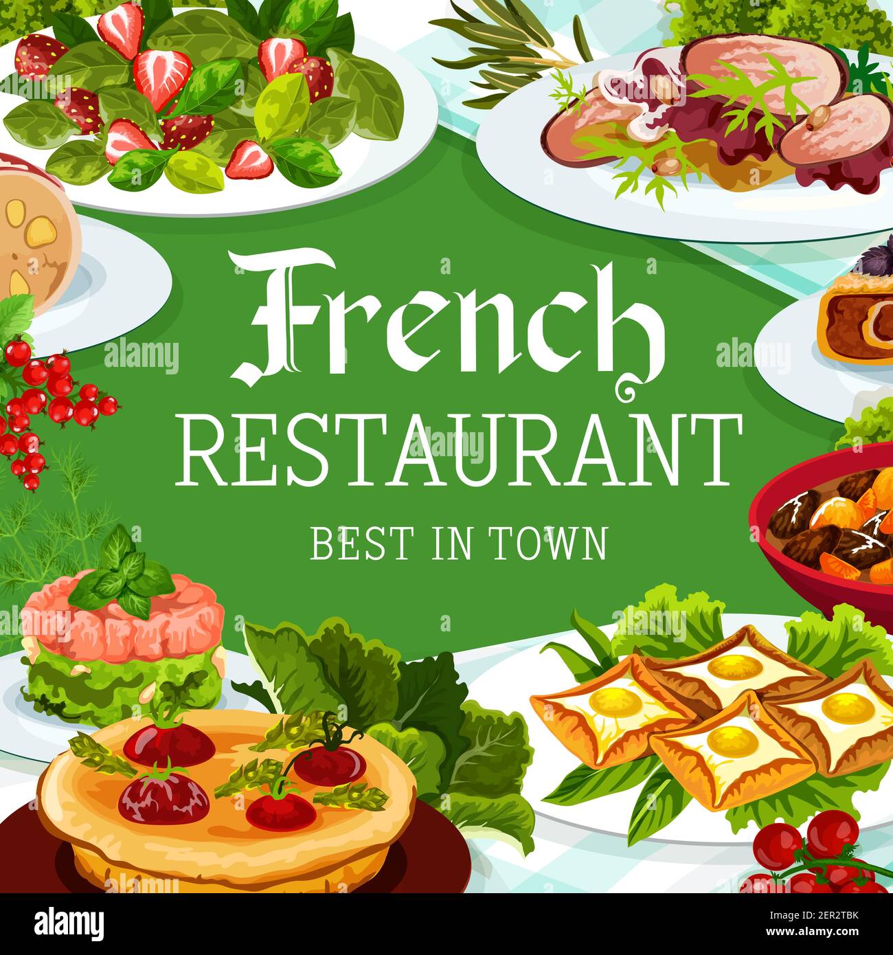 French cuisine, vector France meals dob beef and pork ham, breton ...