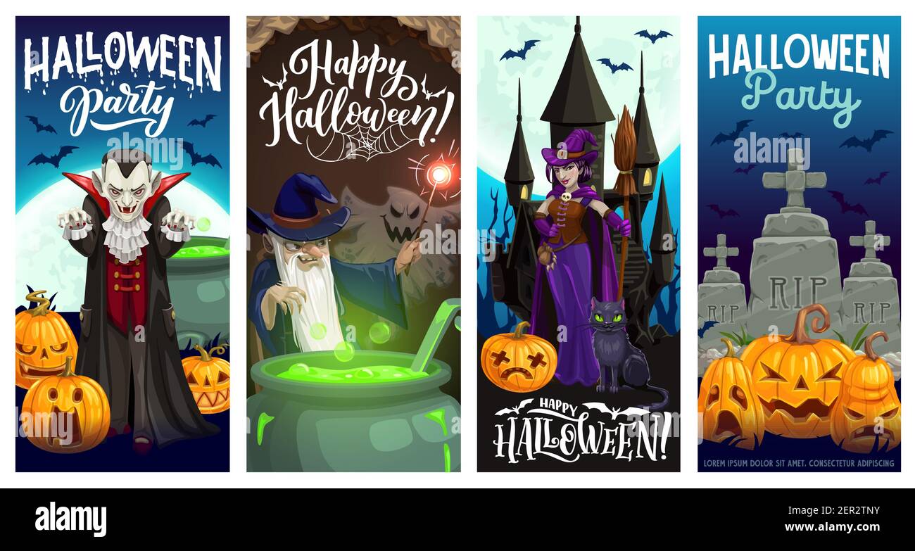 Halloween party banners with vector horror holiday pumpkins, witch ...