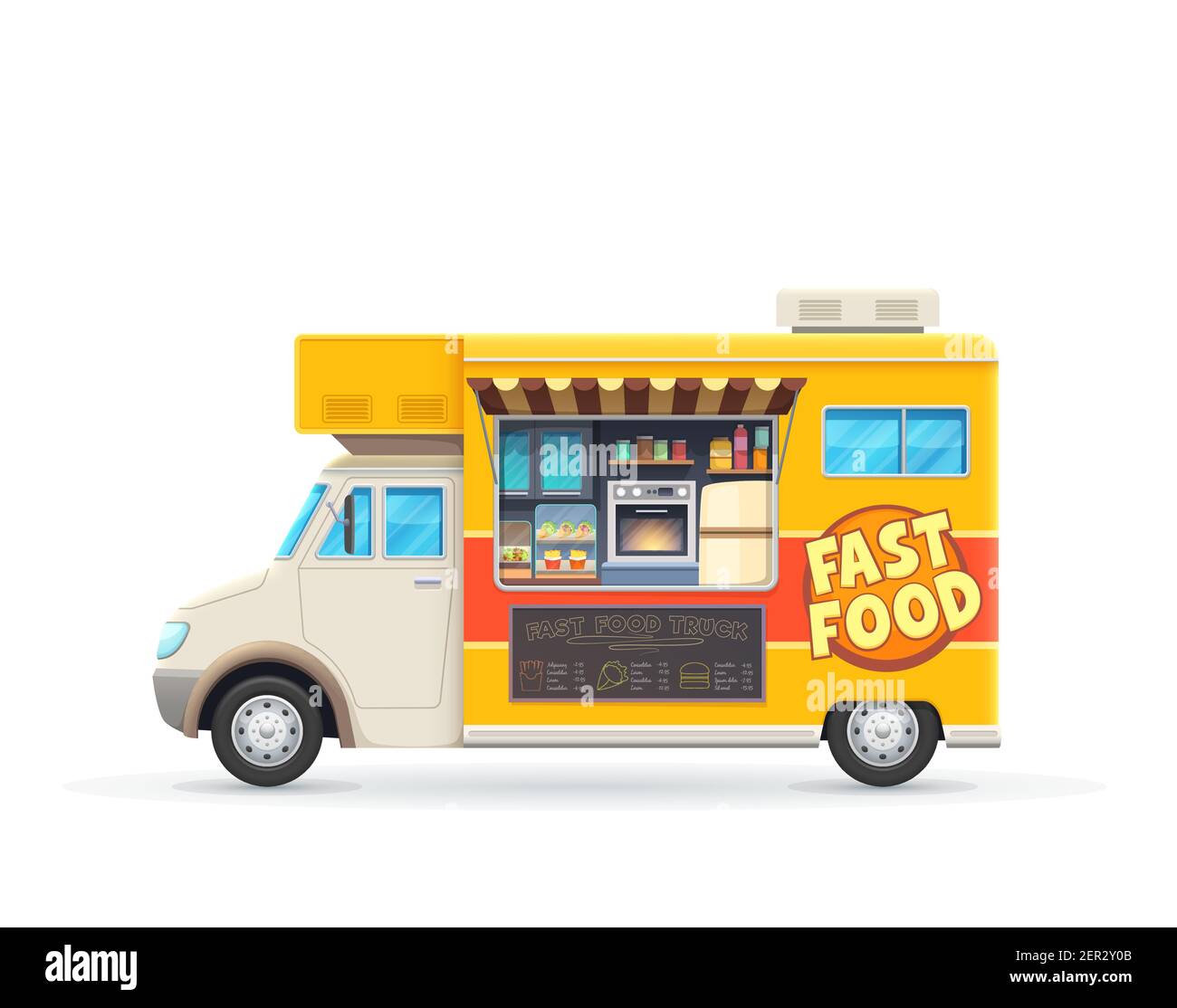 Fast food truck isolated vector car, cartoon yellow van for street junk ...