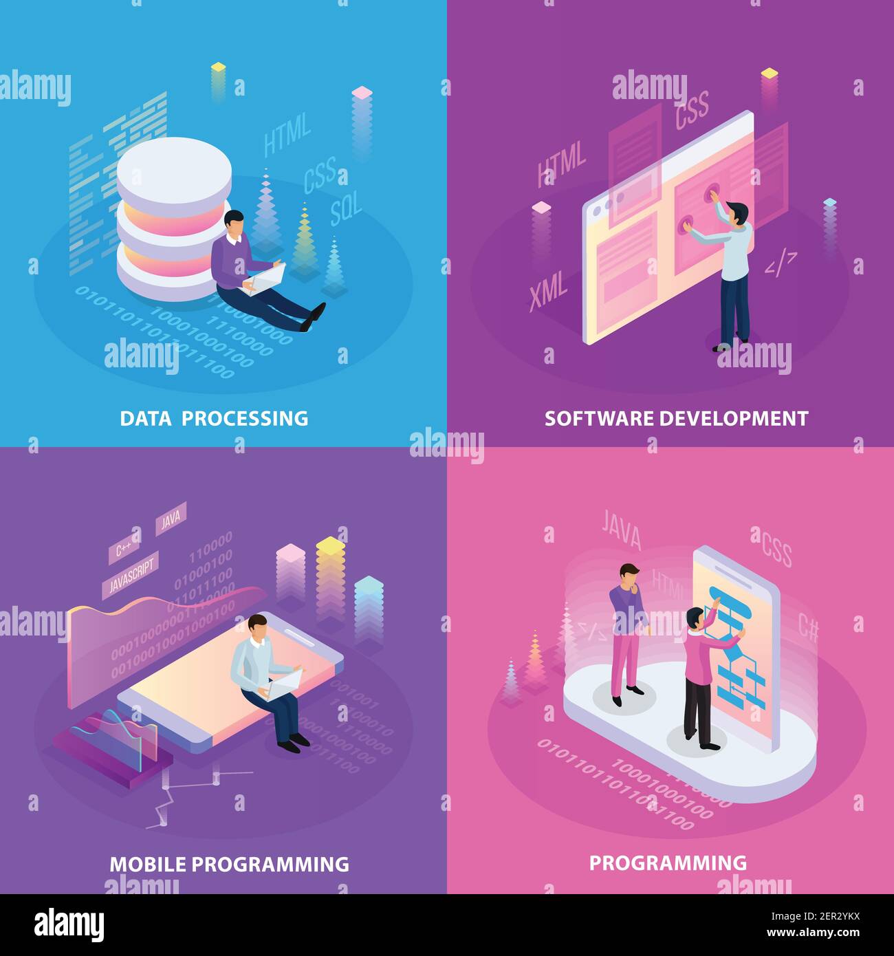 Freelance programming isometric 2x2 design concept with human icons and ...