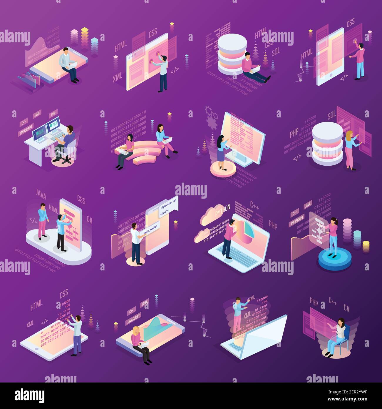 Freelance programming isometric icons set of isolated human characters and modern interfaces ...